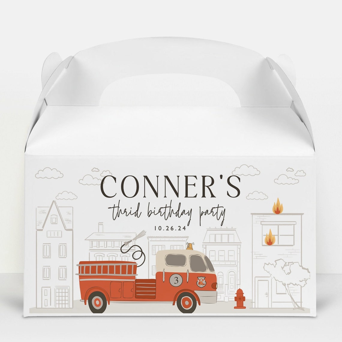 Firetruck Birthday Party Gable Box Label Construction Trucks Favor Box ...