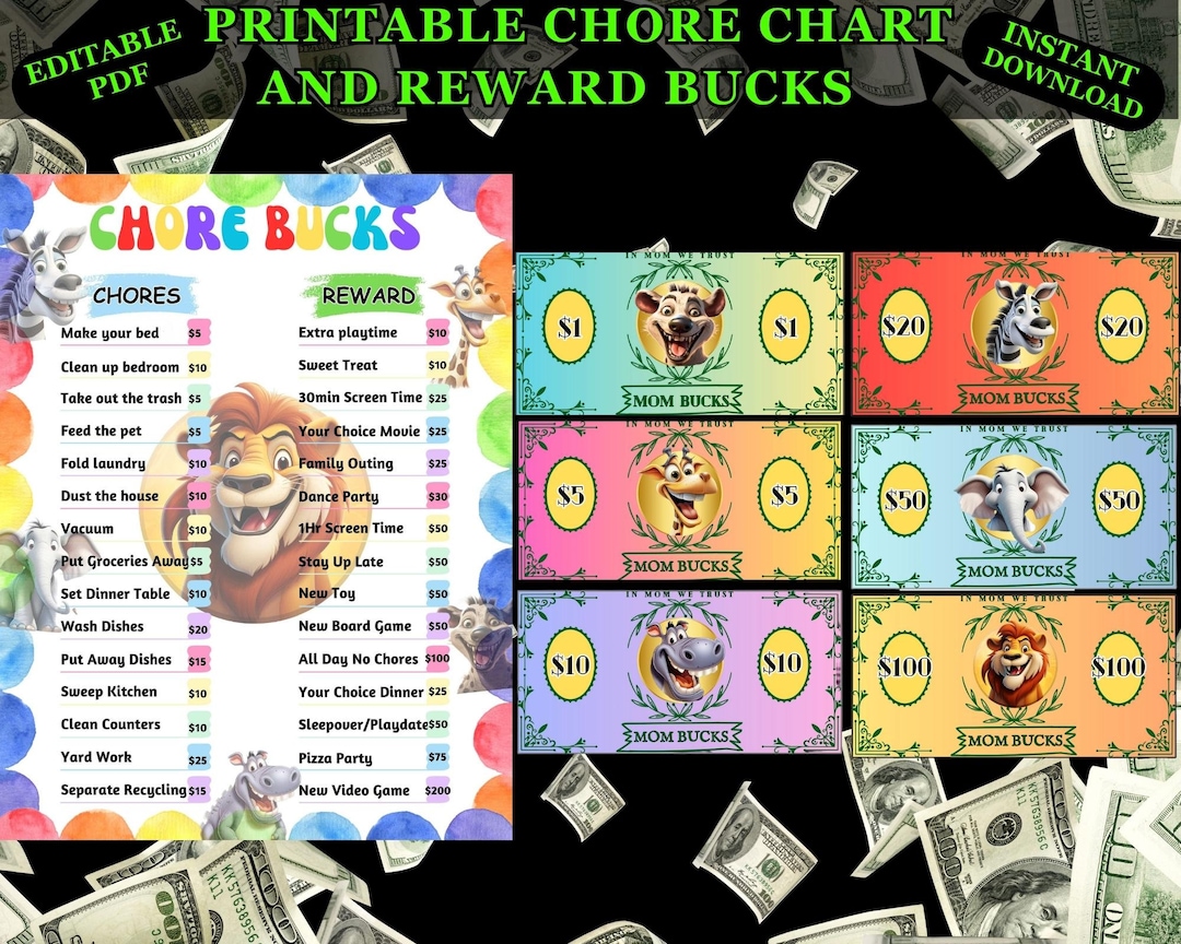 Printable Kids Chore Chart Reward Chart Mom Bucks Play Money Reward ...