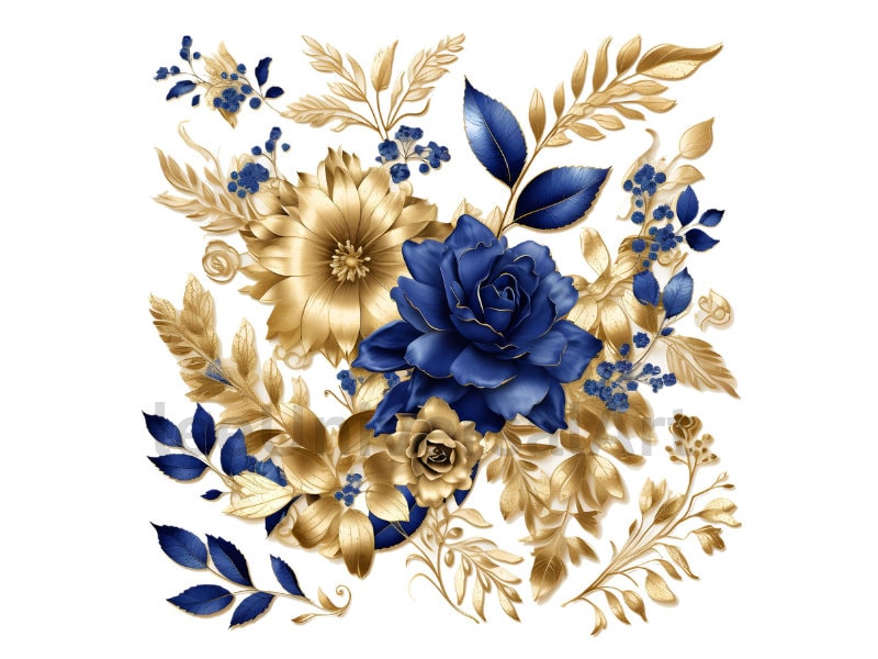 Blue and Gold Floral Clipart Cool Beautiful Wedding Rustic Navy Blue ...