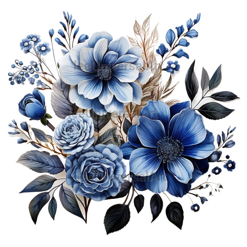 Blue and Gold Floral Clipart Cool Beautiful Wedding Rustic Navy Blue ...