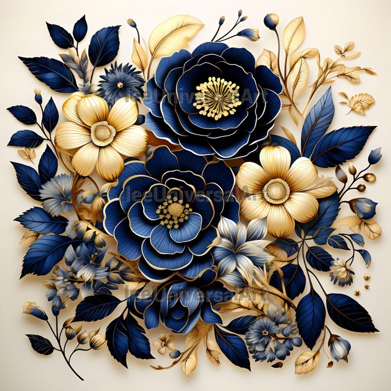 Blue and Gold Floral Clipart Cool Beautiful Wedding Rustic Navy Blue ...