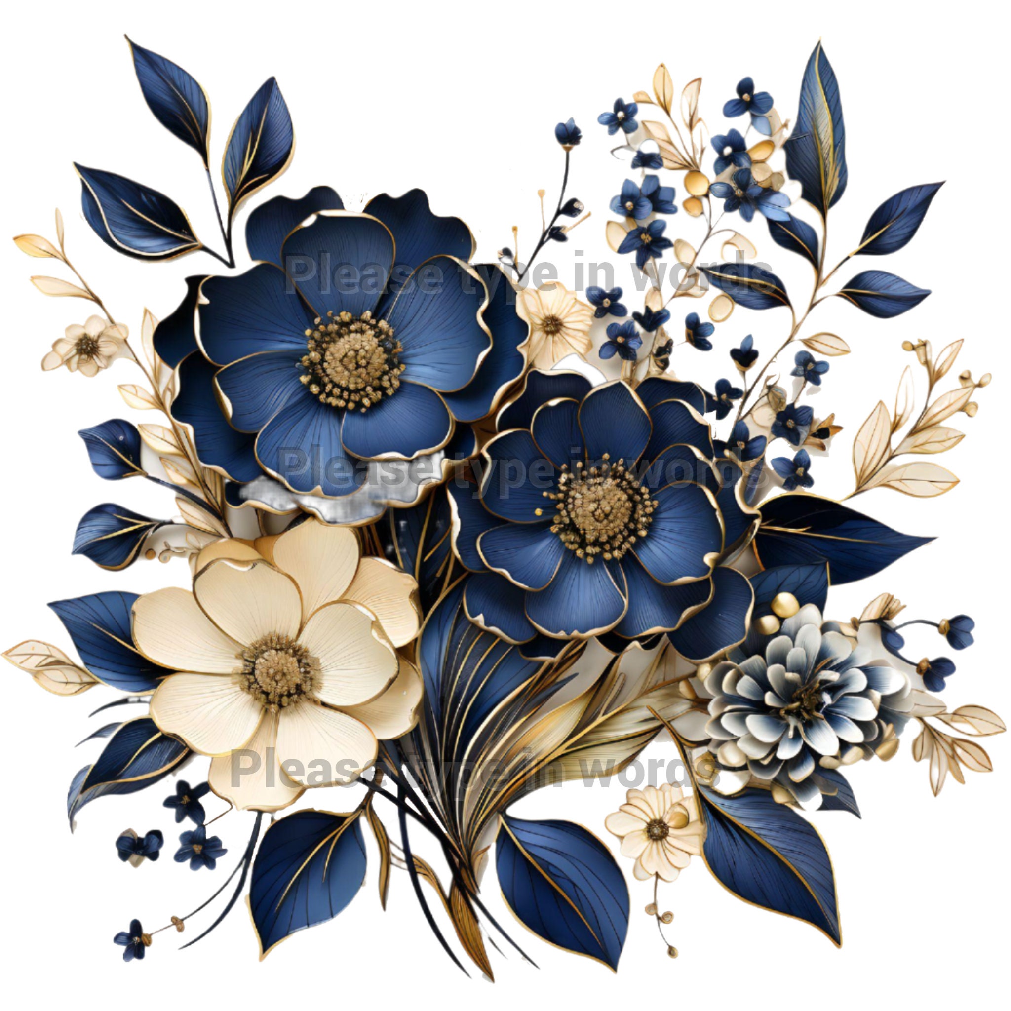 Blue and Gold Floral Clipart Cool Beautiful Wedding Rustic Navy Blue ...