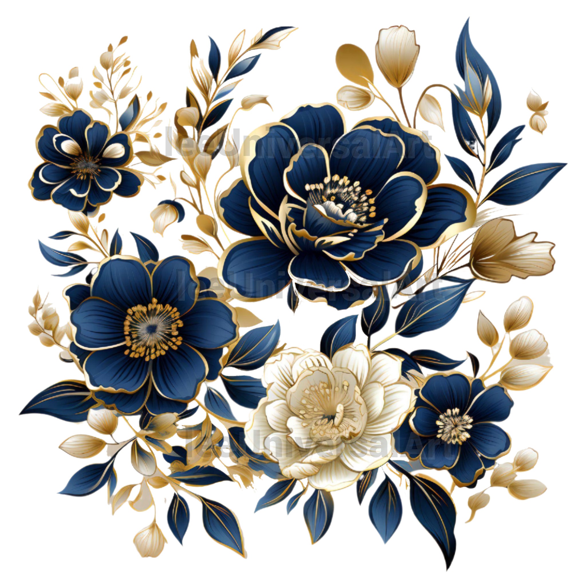 Blue and Gold Floral Clipart Cool Beautiful Wedding Rustic Navy Blue ...