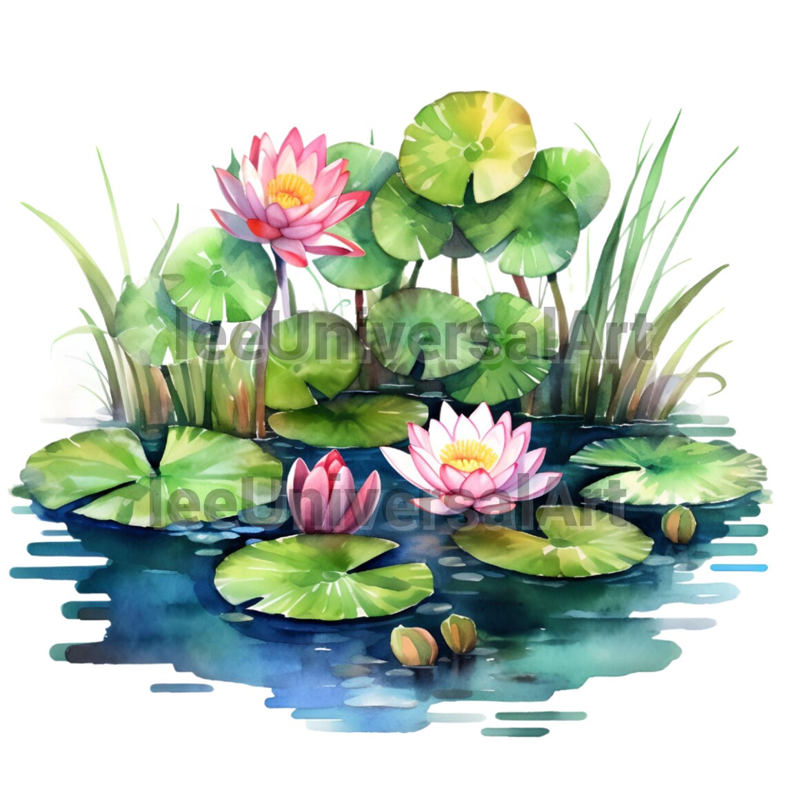 Watercolor Lily Pond Clipart Springtime Cute Lily Pad and Frog Pond PNG ...