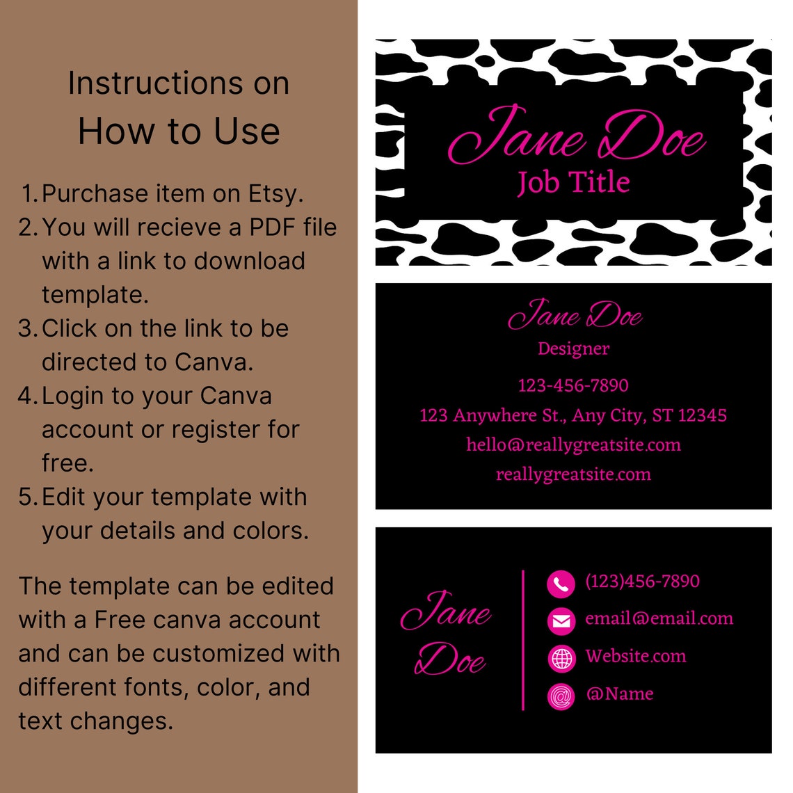 Cow Business Card Template, Cow Print, Editable Business Card Template ...