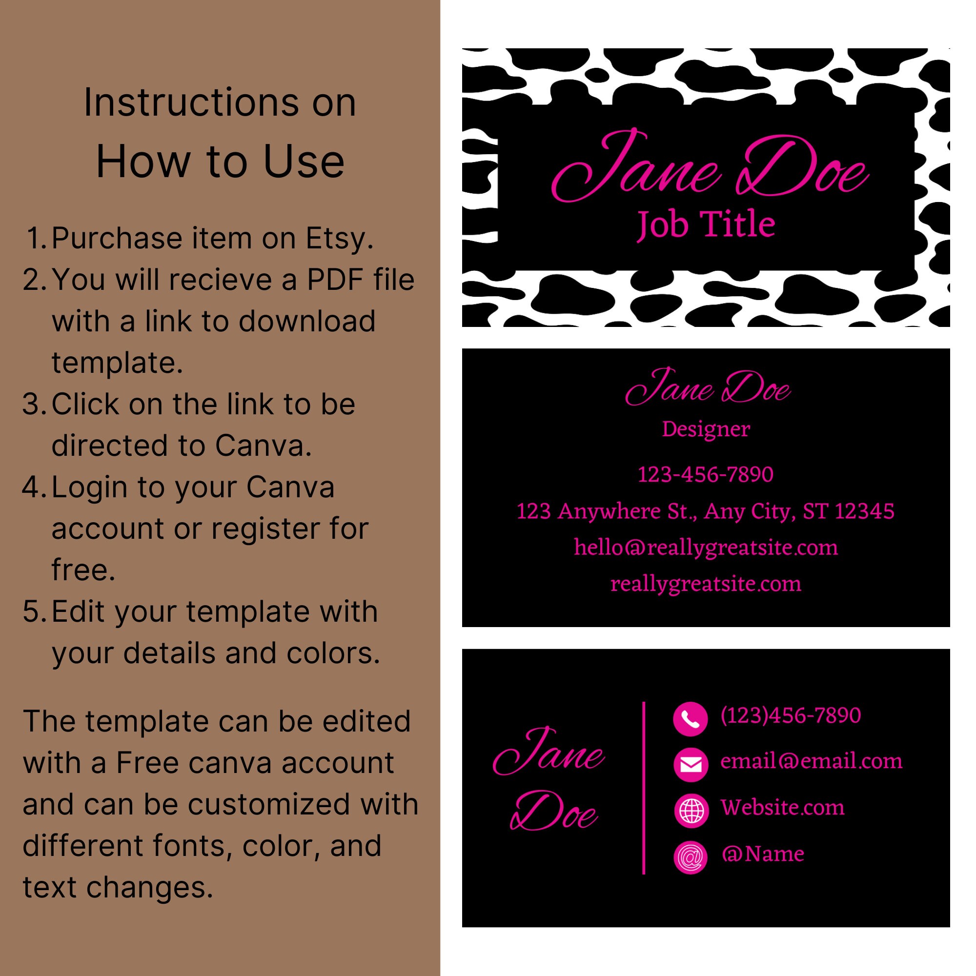 Cow Business Card Template, Cow Print, Editable Business Card Template ...