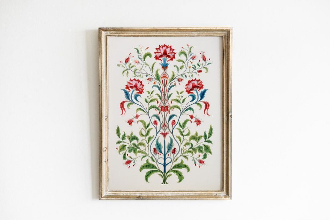 Floral Folk Art Print Red Blue Greenpainting Illustration Spring Home ...
