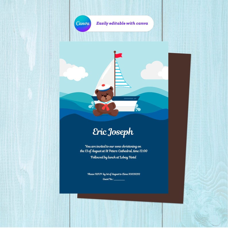 Editable Teddy Bear Sailor Invitation Baptism & Birthday - Etsy