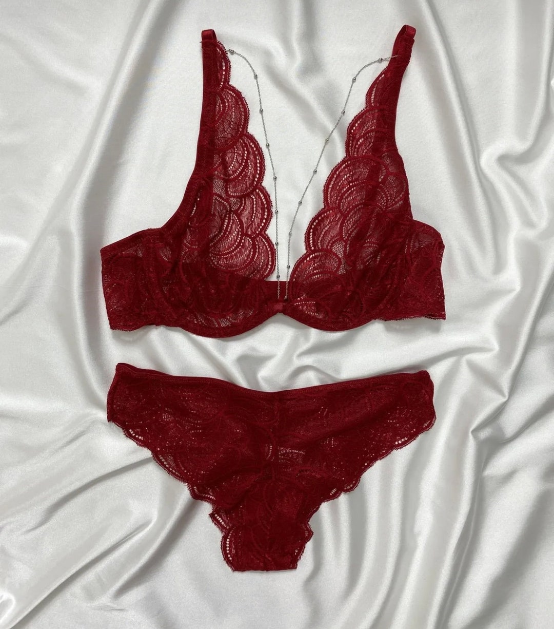 Red Lace Lingerie Set With Chain Detail Chic Red Lace Lingerie Set