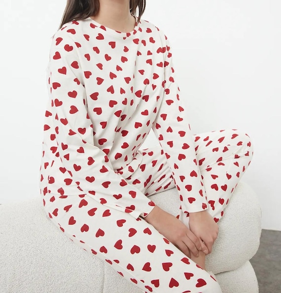 100 Cotton Knitted Heart Pattern Pajama Set Soft Cozy Sleepwear for Women Cotton Knit Pajama Set with Heart Pattern Perfect Gift for Her