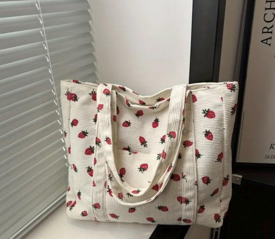 Strawberry Hand Embroidered Canvas Tote Bag, Tote Bag With Pocket ...