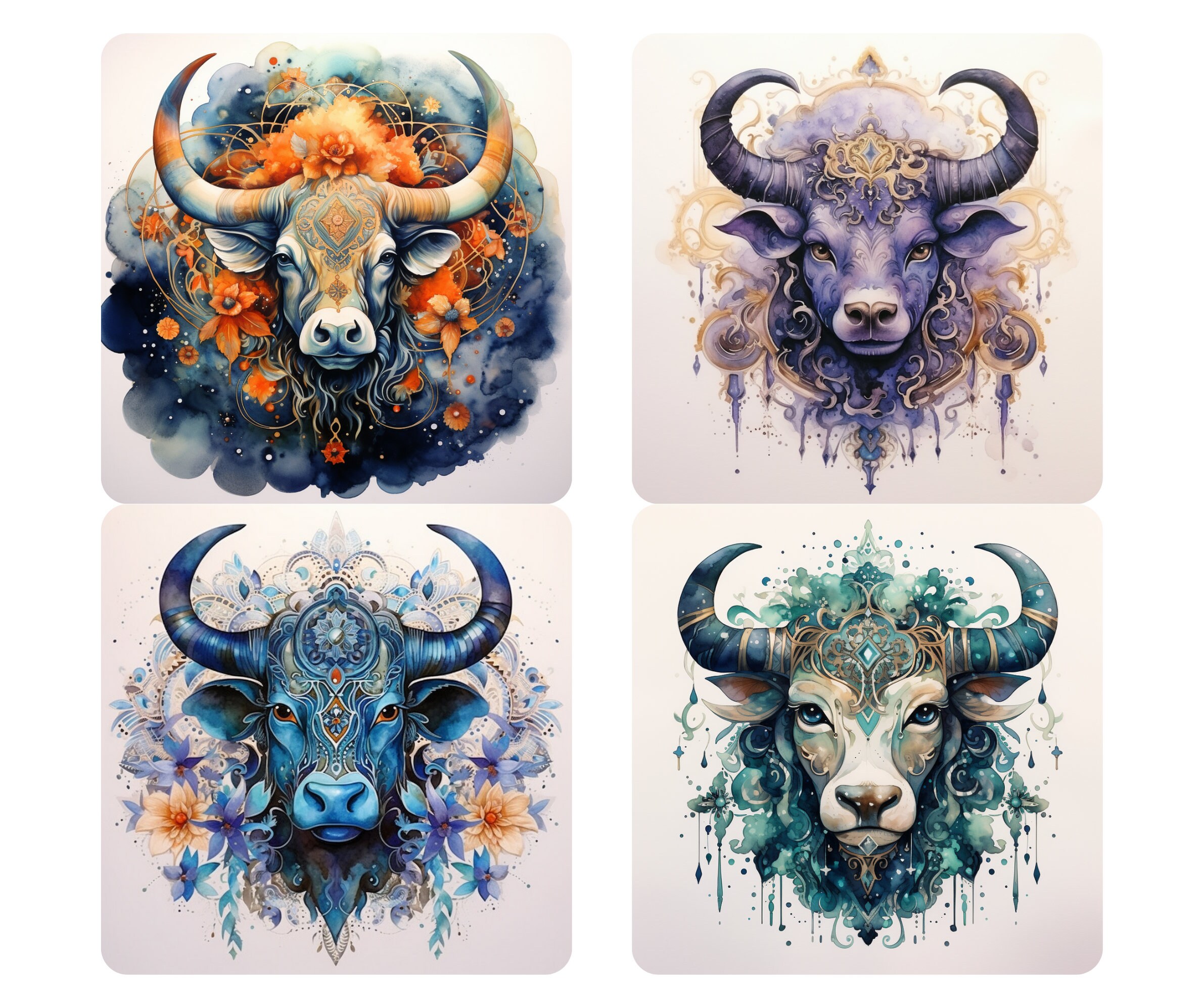 Tauras Zodiac Sign Watercolor Png Clipart Bundle, Printable Astrology ...