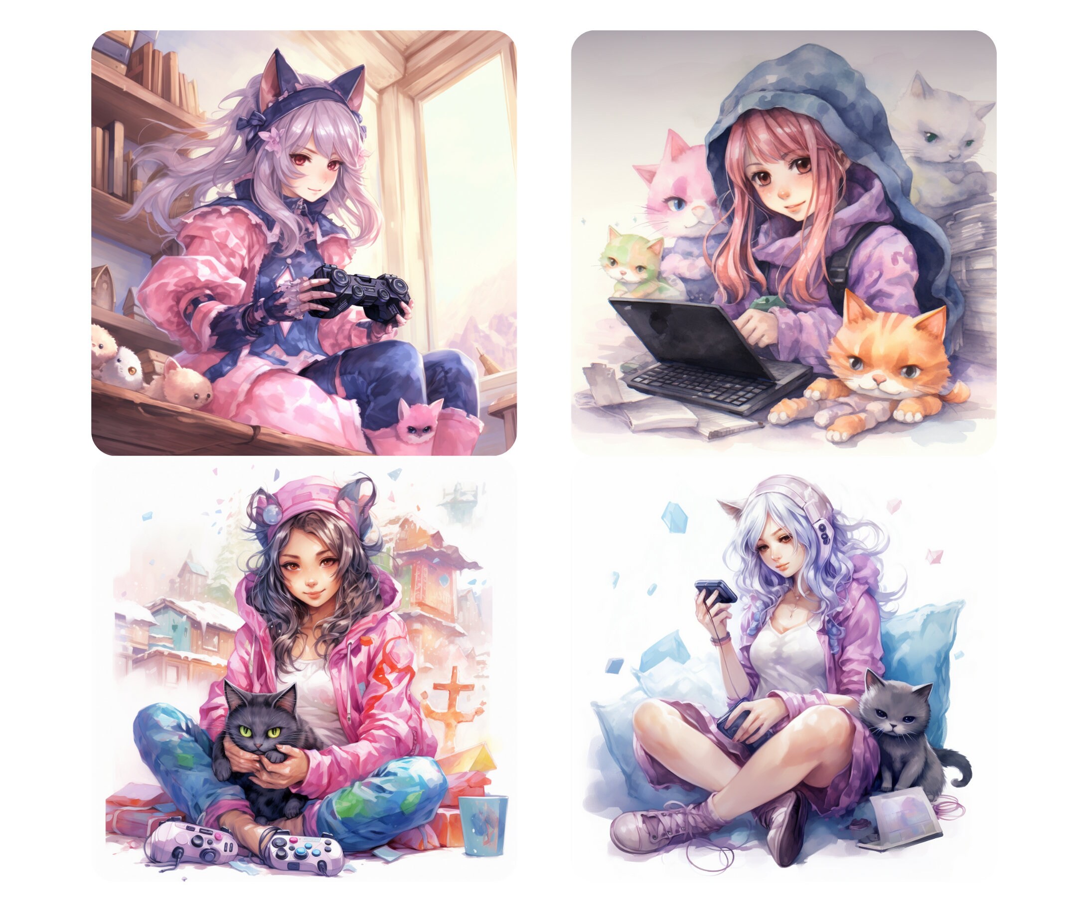 Kawaii Anime Cat Gamer Girl PNG Bundle, Cute Avatar, Twitch Discord ...
