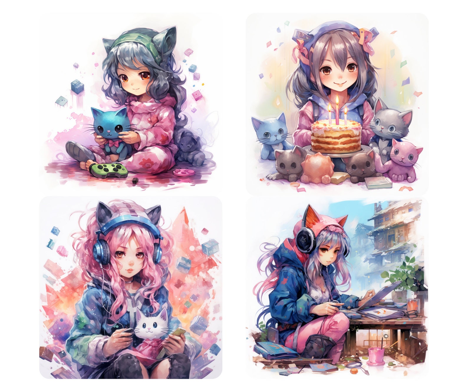 Kawaii Anime Cat Gamer Girl PNG Bundle, Cute Avatar, Twitch Discord ...