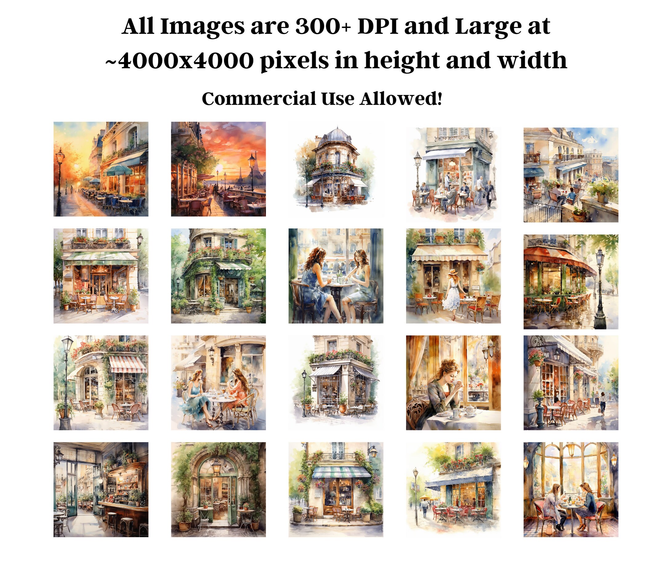 Paris French Café Watercolor 20 PNG Bundle Art, Café Interior, Vintage ...
