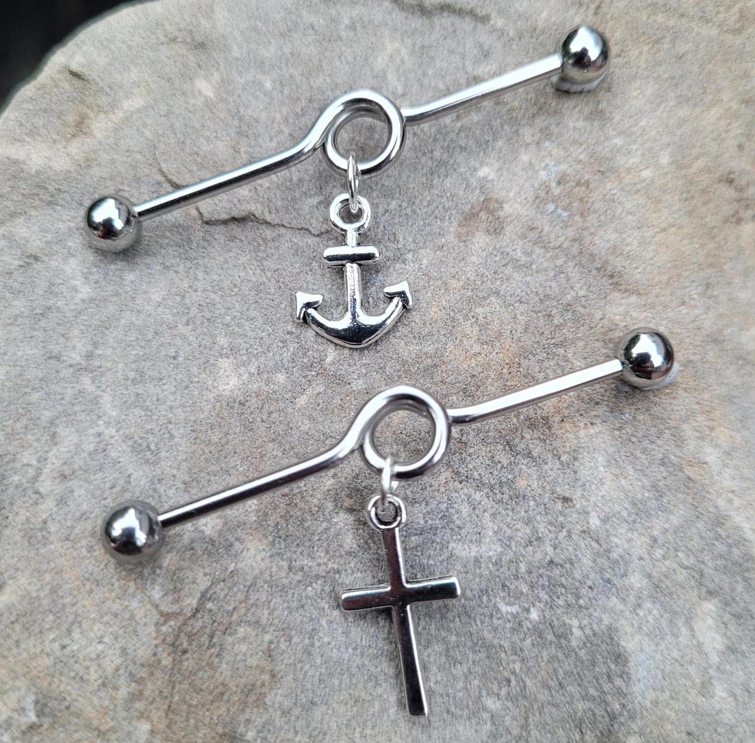 Industrial Barbell Silver Cross Anchor Piercing Dangle Charm Bar ...