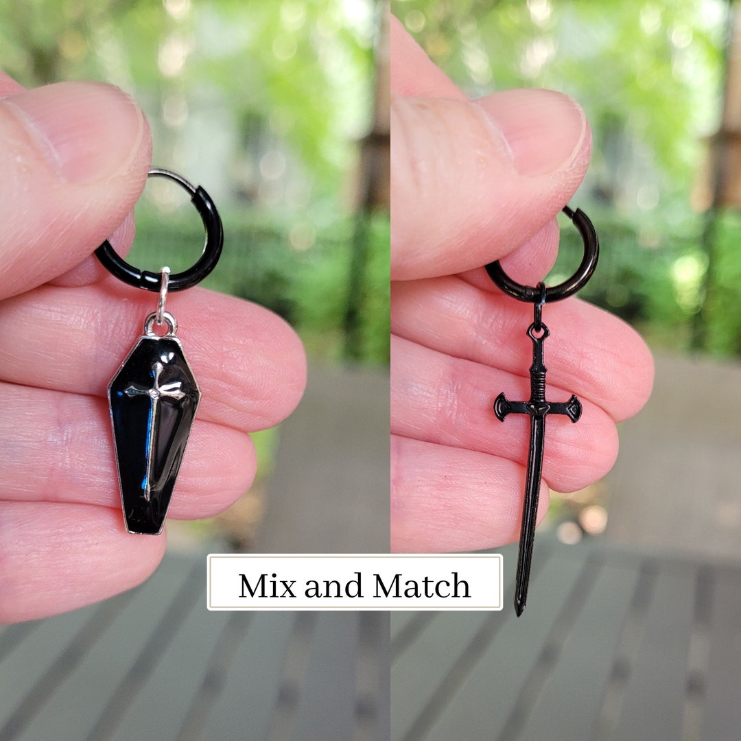 Pair or Single Sword Coffin Black Earrings Goth Hoop Jewelry Celtic ...