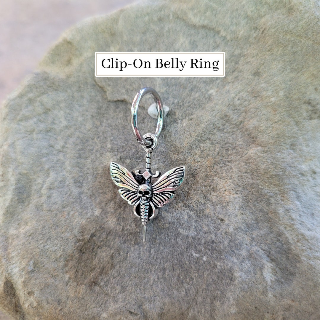 FAKE Belly Ring Death Moth Skull Goth Silver Hoop Clip on Faux Punk ...