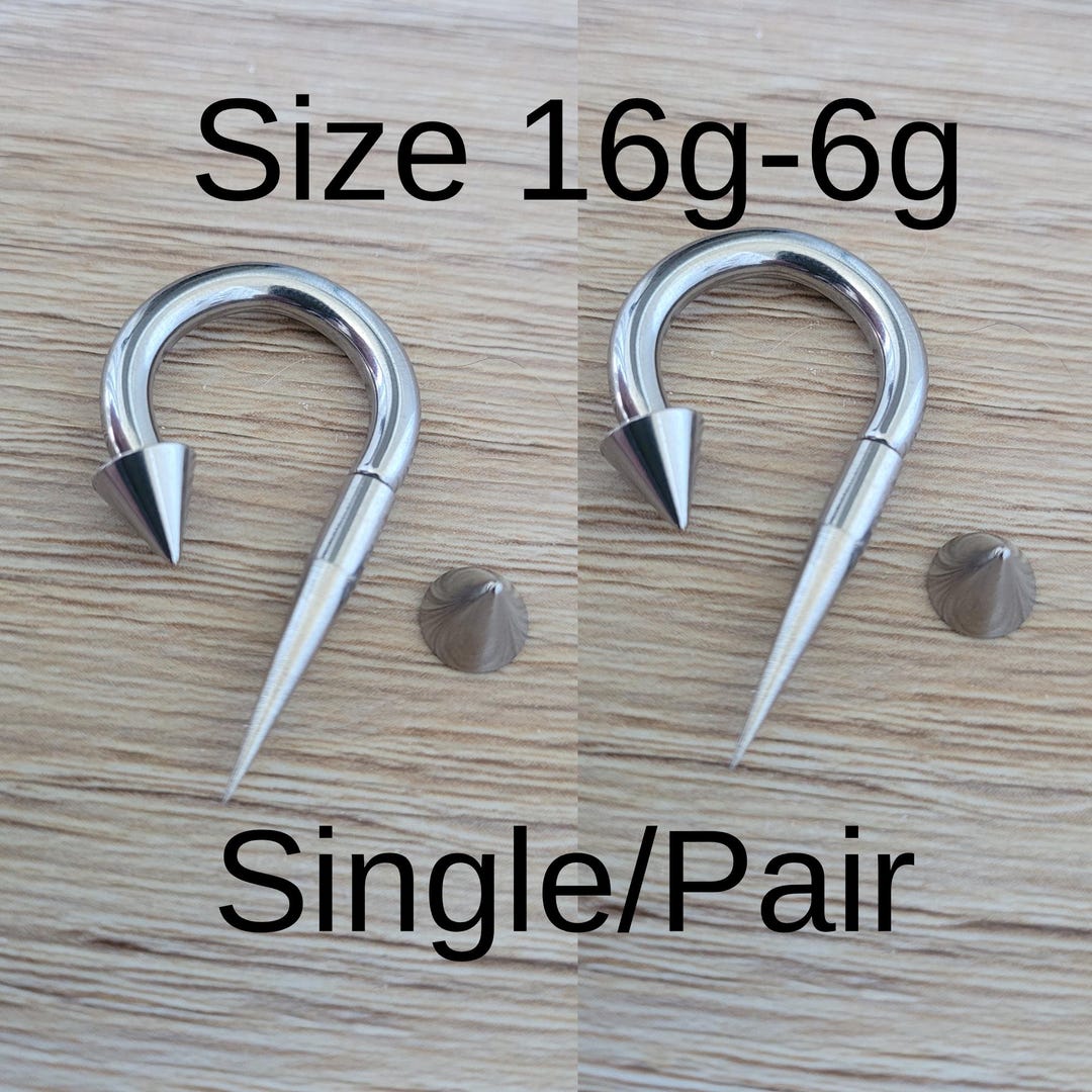 Pair Long Spike Cone Plugs Gauges Ring Horseshoe Silver 316L Surgical ...