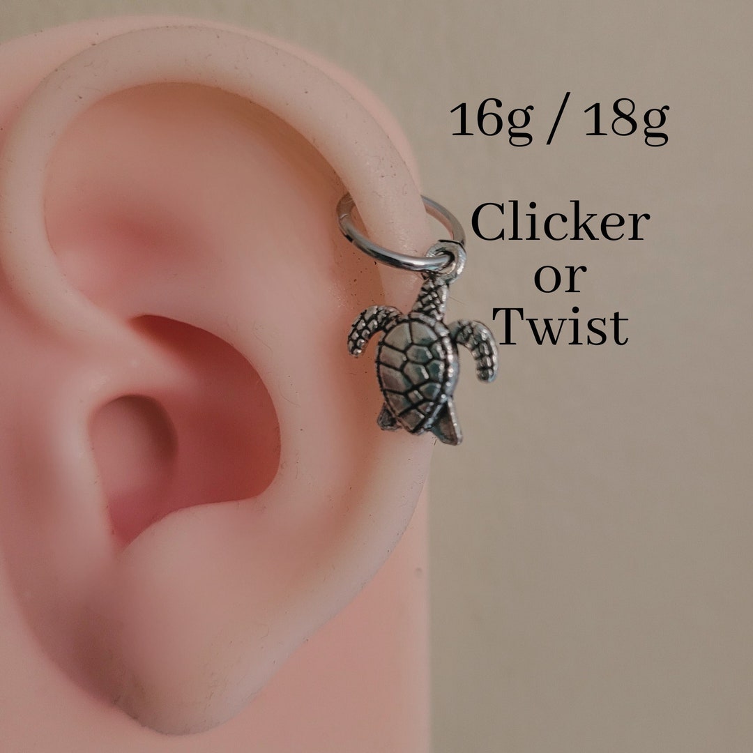 18g 16g Silver Sea Turtle Clicker Ring Hoop Dangle Charm Helix Rook Daith Tragus Earring ...