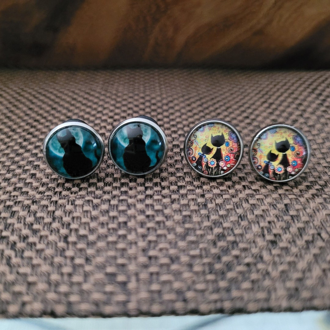 Black Cat Plugs Gauges Earrings Hug Moon Boho Tunnels Gift Women Blue ...