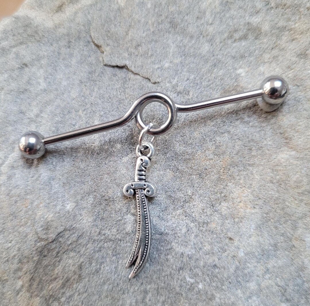 Industrial Barbell Silver Knife Sword Piercing Dangle Charm Bar Jewelry ...