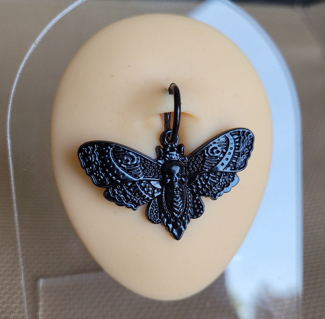 Belly Ring Black Death Moth Skull Goth Hoop Clicker 14g 16g Goth Punk ...