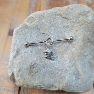 Tiny Witch on Broom Halloween Silver Industrial Barbell Piercing Dangle ...