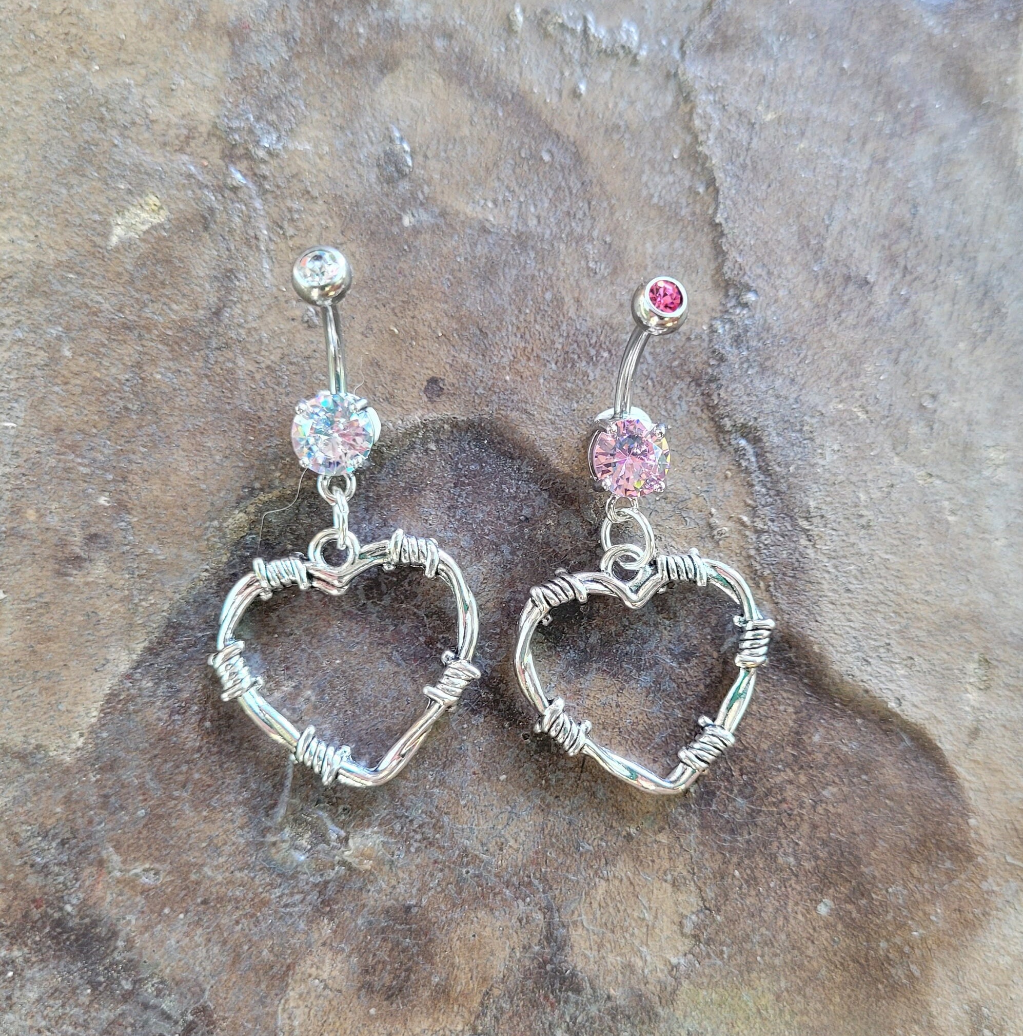 Silver Barbed Wire Heart Belly Ring Pink or Clear Gem Y2k Alt Grunge ...