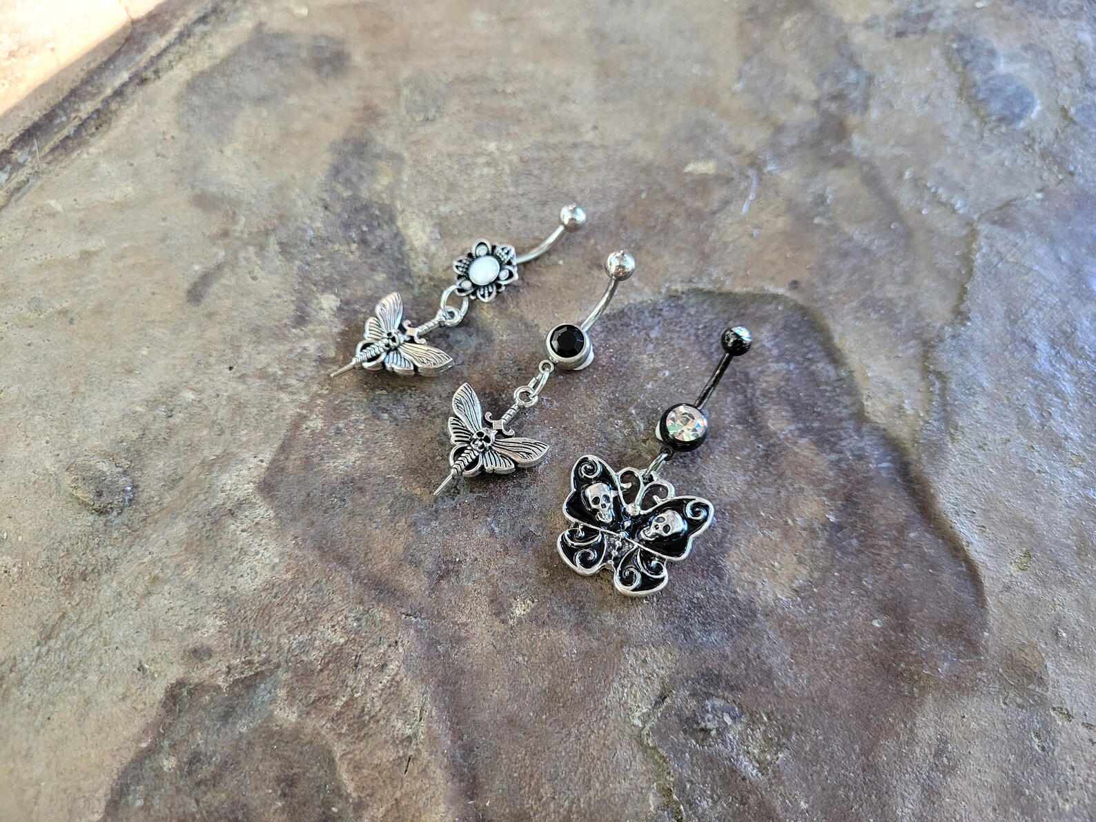 Death Moth Belly Ring Goth Grunge Gothic Alt Silver Black Dangle Button ...