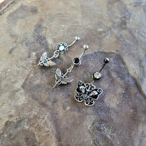 Death Moth Belly Ring Goth Grunge Gothic Alt Silver Black Dangle Button ...