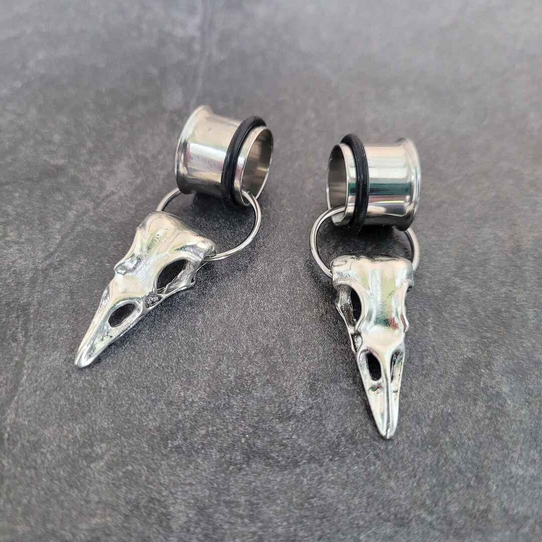 Gauges Dangle Charm Hoop Earrings Tunnels Bird Raven Skull Plug ...