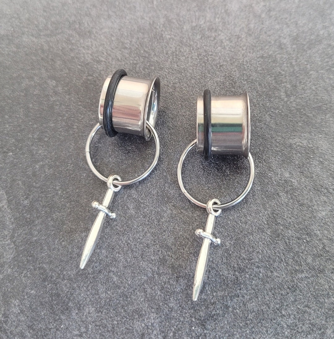 Gauges With Dangling Dagger Sword Knife Plug Hoop Gauges Tunnels ...