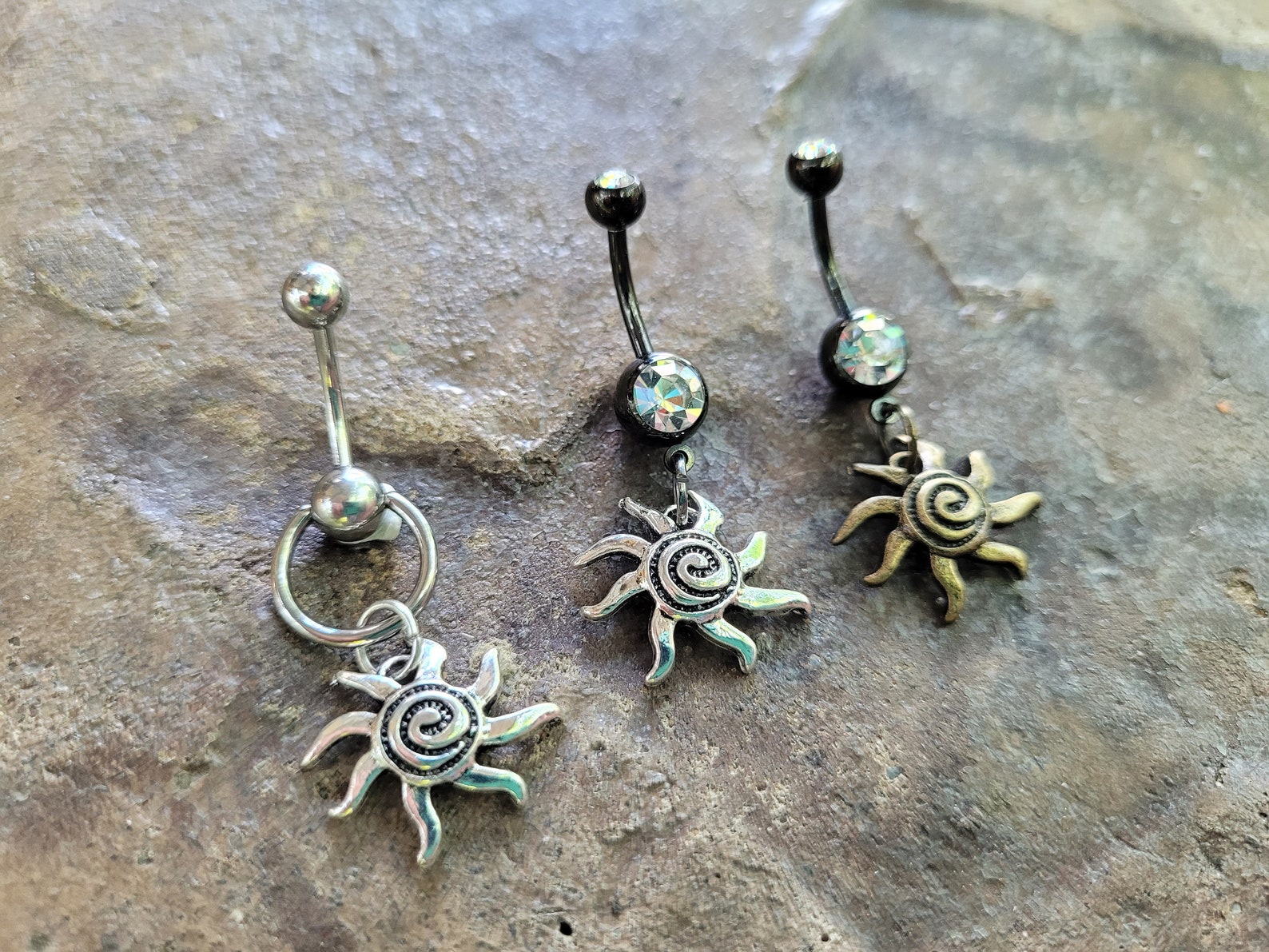 Sun Belly Ring Goth Grunge Gothic Alt Boho Hippie Silver Black Dangle ...