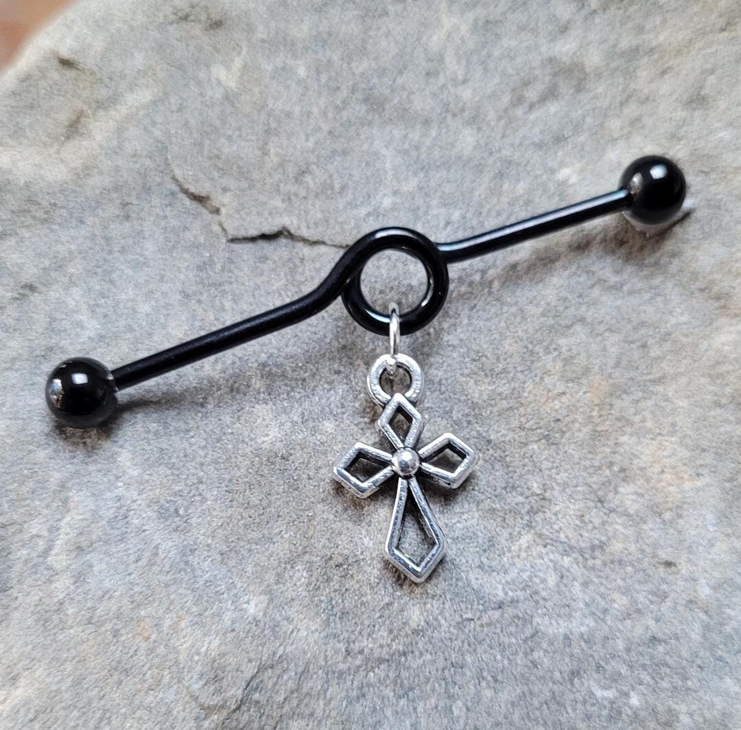 Industrial Barbell Black Silver Cross Piercing Dangle Charm Bar Jewelry ...