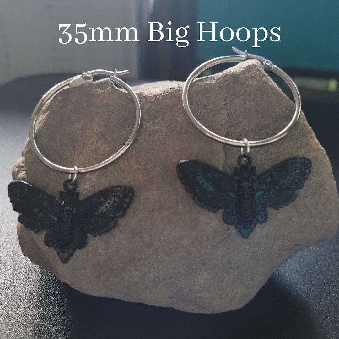 Pair Death Moth Big Hoop Earrings Silver Witchy Alt Grunge Punk Jewelry ...