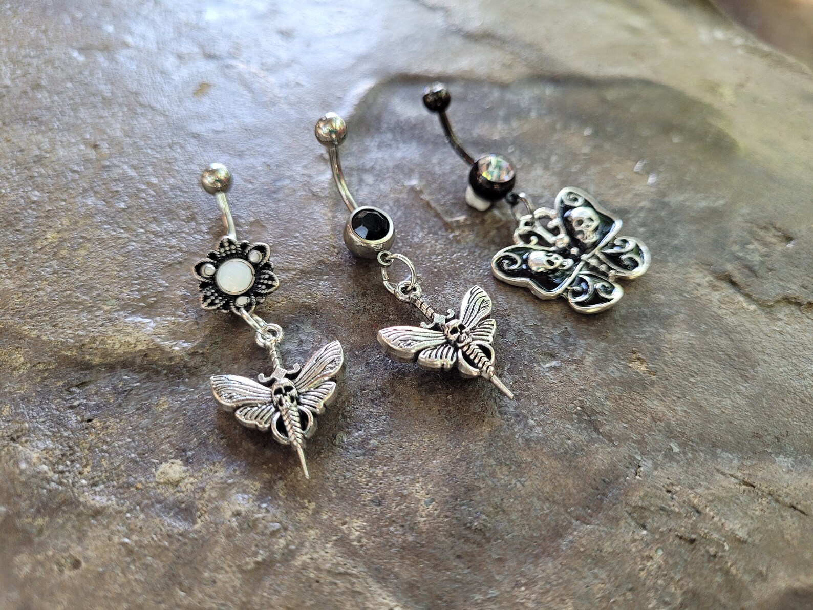 Death Moth Belly Ring Goth Grunge Gothic Alt Silver Black Dangle Button ...