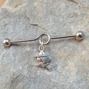Tiny Witch on Broom Halloween Silver Industrial Barbell Piercing Dangle ...