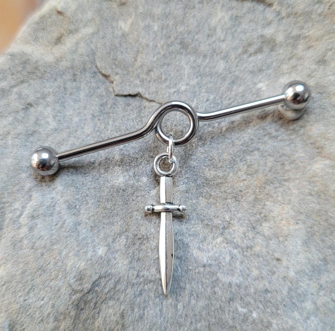 Industrial Barbell Silver Knife Sword Piercing Dangle Charm Bar Jewelry ...