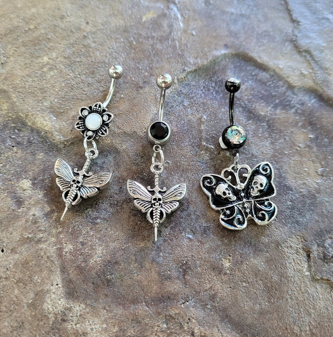 Death Moth Belly Ring Goth Grunge Gothic Alt Silver Black Dangle Button ...
