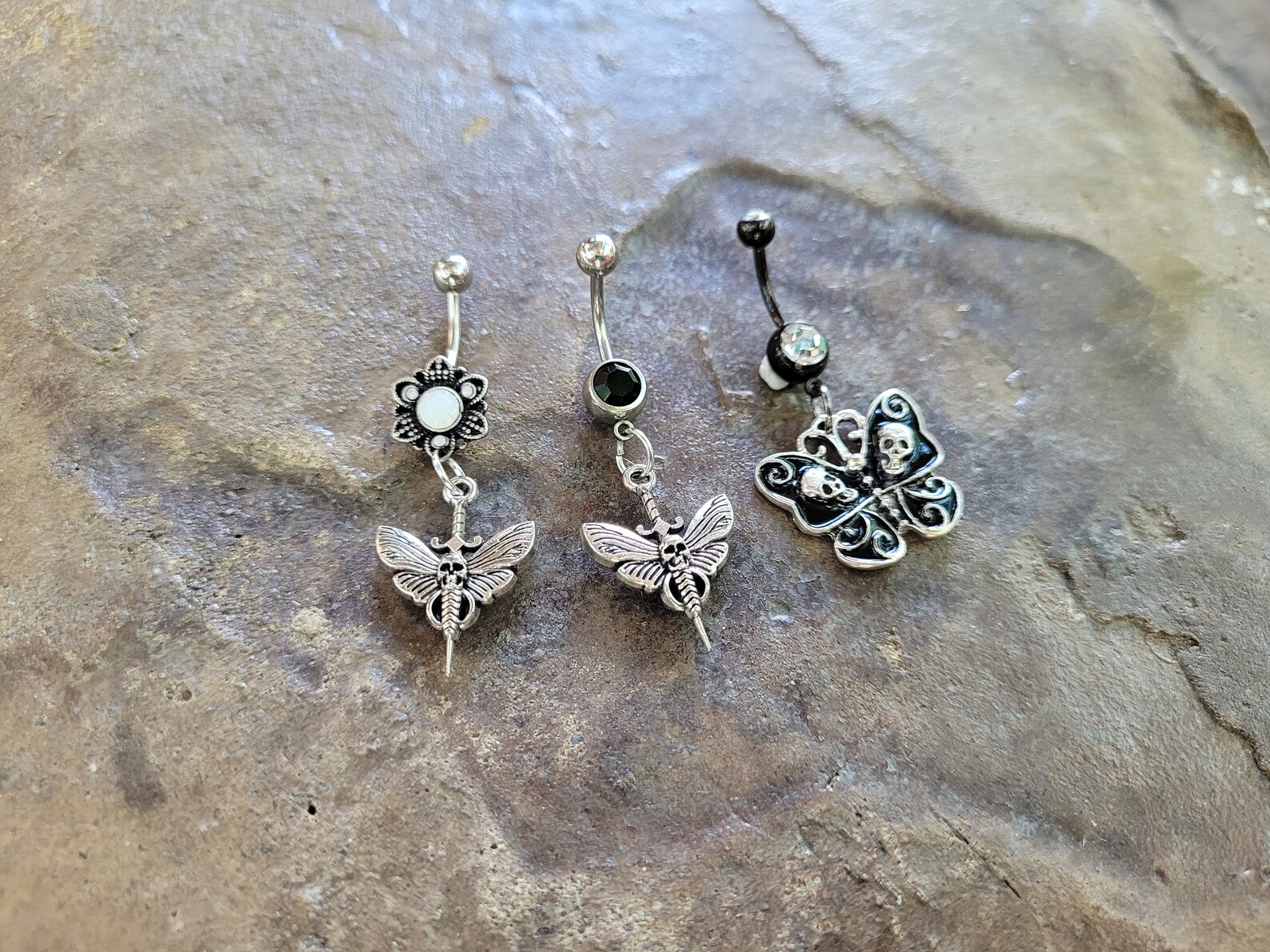 Death Moth Belly Ring Goth Grunge Gothic Alt Silver Black Dangle Button ...