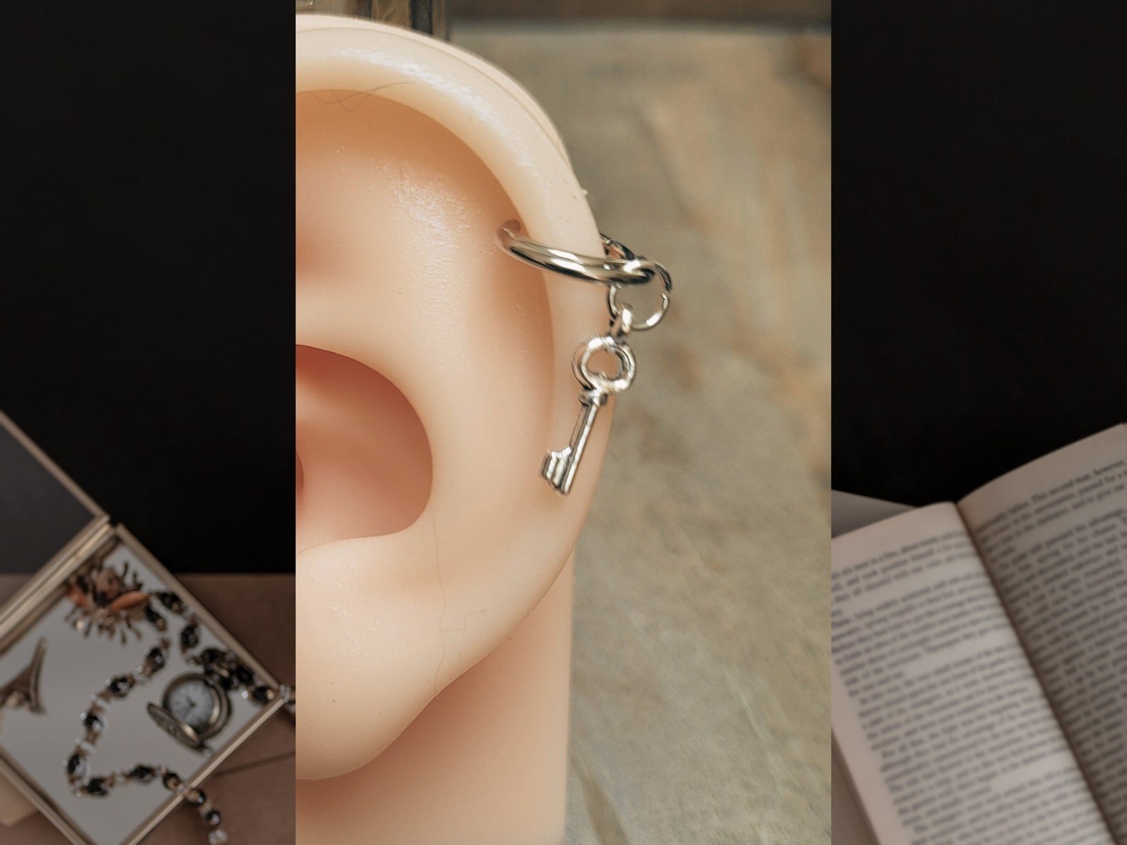 16g Silver Key Hinged Clicker Ring Hoop Dangle Charm Helix Rook Conch ...