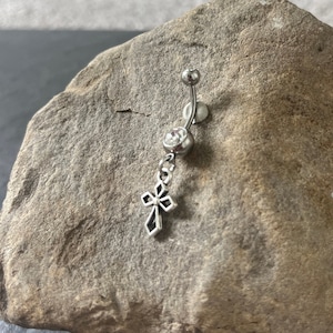 16g 14g Belly Button Ring Goth Medieval Cross Silver Tiny Hoop Clicker ...