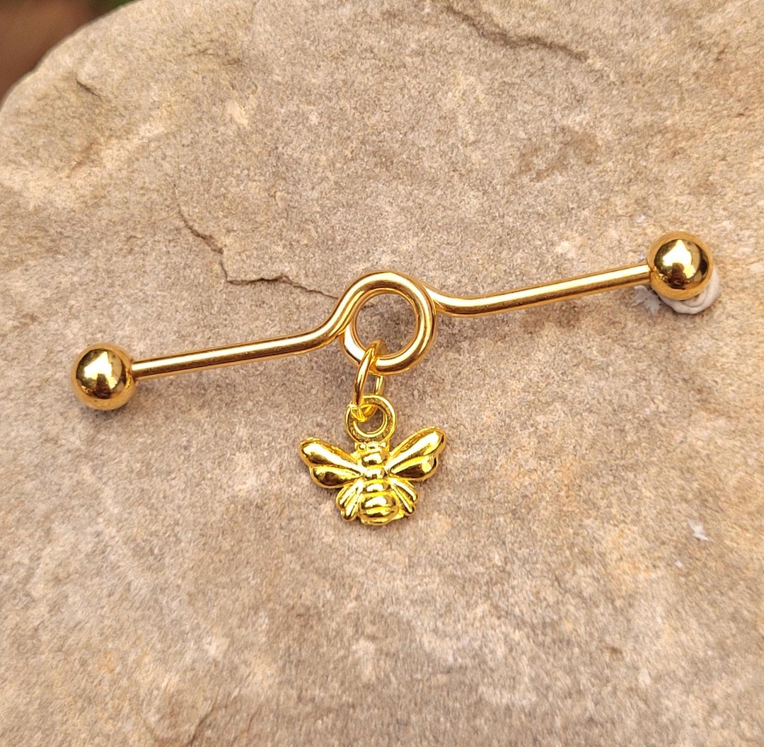 Gold Bee Industrial Bar Barbell Piercing Dangle Charm Bar Jewelry ...