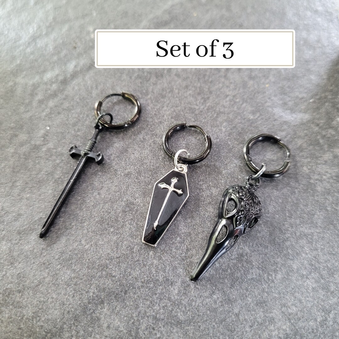 Set of 3 Single Sword Coffin Bird Skull Black Earrings Goth Raven ...
