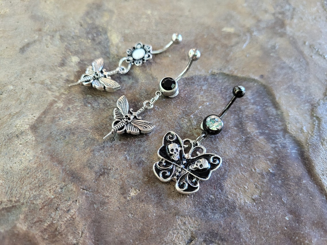 Death Moth Belly Ring Goth Grunge Gothic Alt Silver Black Dangle Button ...