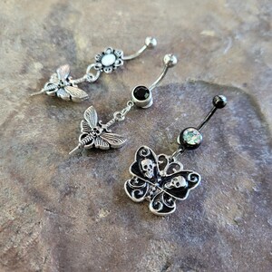Death Moth Belly Ring Goth Grunge Gothic Alt Silver Black Dangle Button ...