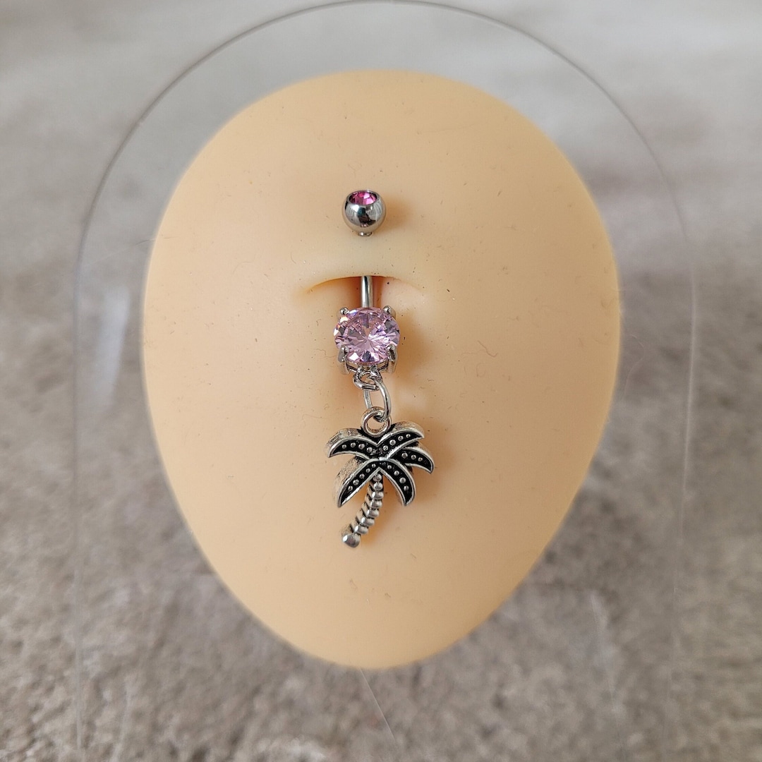 Pink Palm Tree Belly Ring Dangle Button Jewelry Dainty Drop Dangly ...