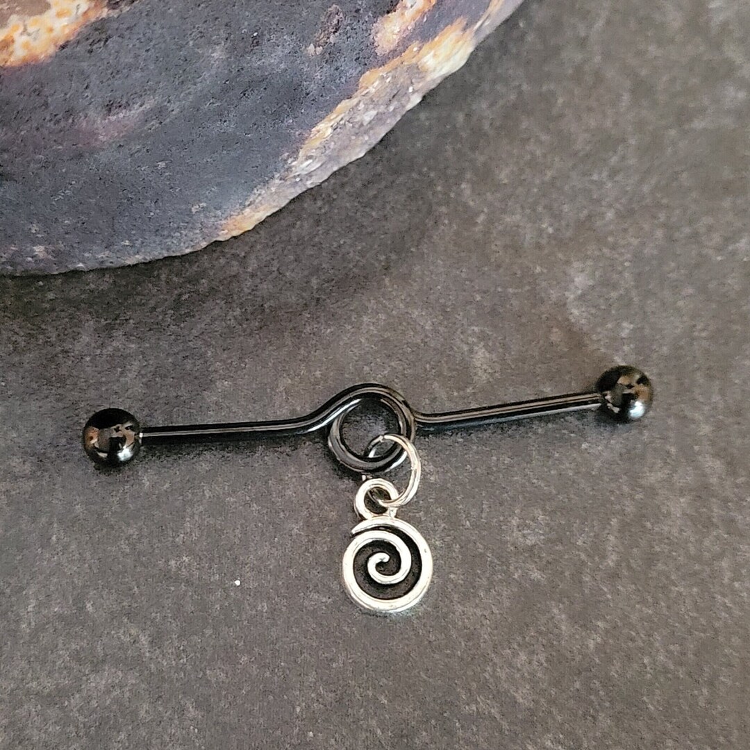 Black Goth Industrial Barbell Piercing Alt Dangle Charm Bar Jewelry Unique Y2k 14g 38mm Silver ...