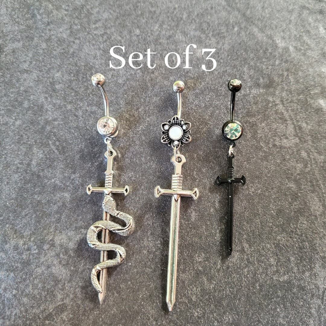 Set of 3 Sword Knife Belly Ring Goth Grunge Gothic Alt Silver Black ...
